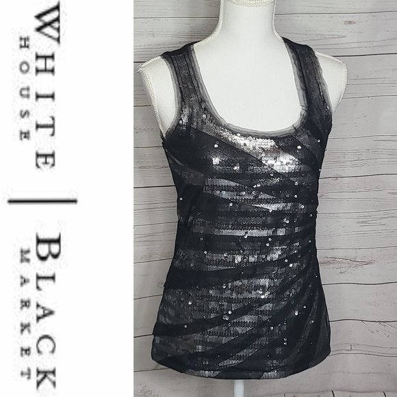 White House Black Market | Tops | Whbm Black Silver Sequin Mesh Overlay ...